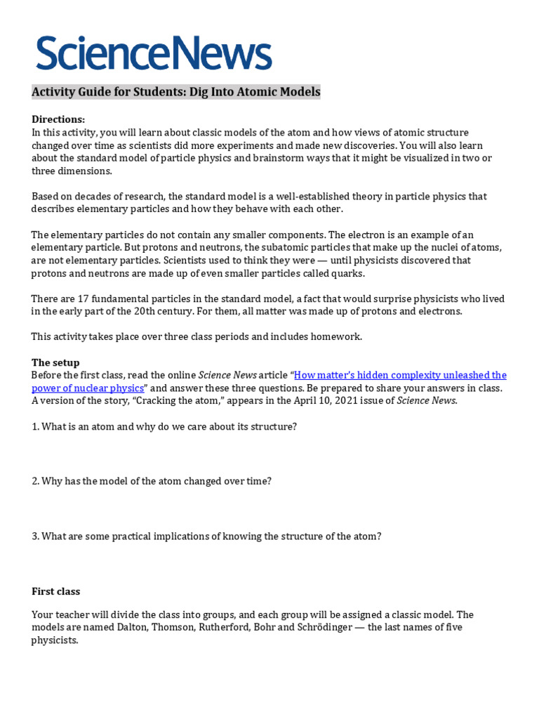 Atomic-Models_StudentWorksheet | PDF | Atoms | Elementary Particle