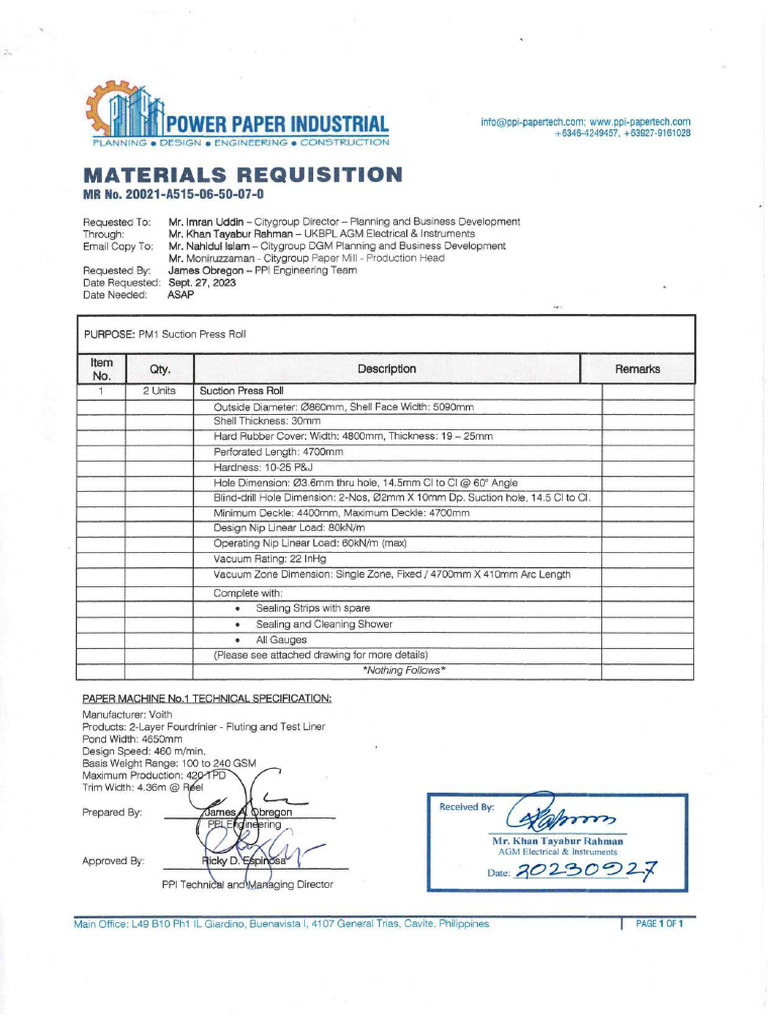 20021-A515-06-50-07-0 - PM1 Suction Press Roll Material Requisition | PDF