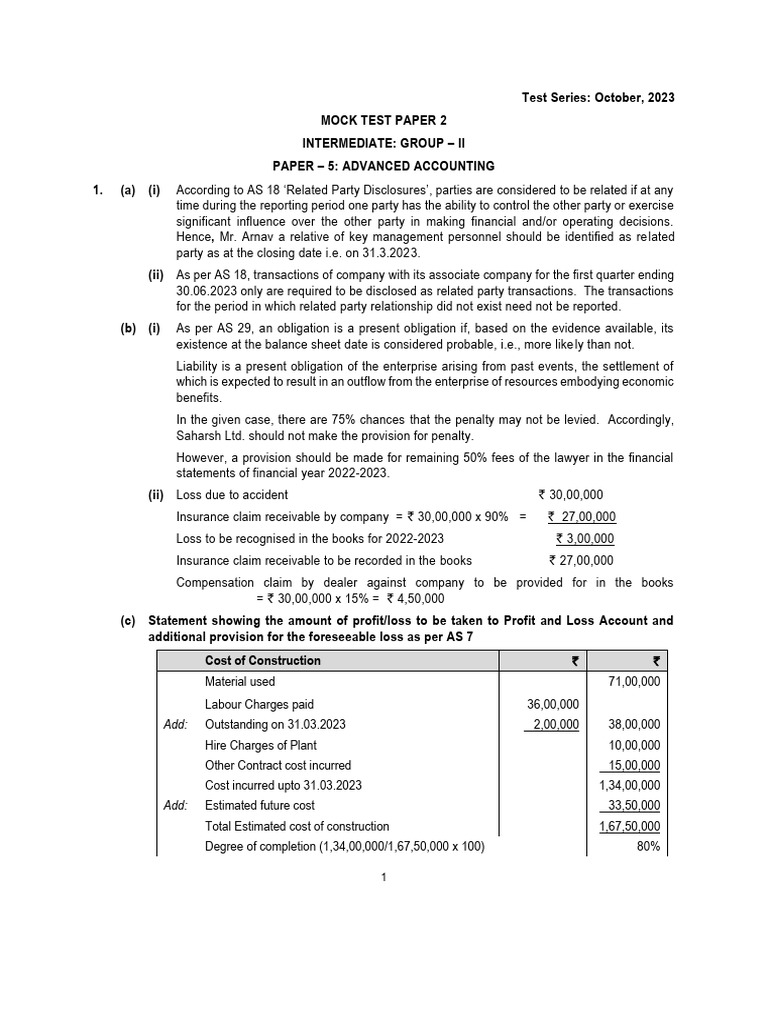 Ca Intermediate Paper 5 Advanced Accounting MTP Series 2 Suggested ...