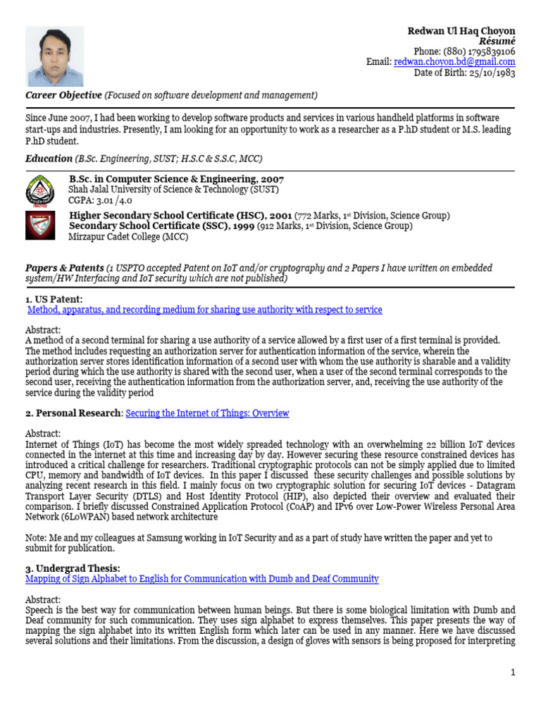 Resume - Redwanul Haq (For University Applications) | PDF | Internet Of Things | Computing