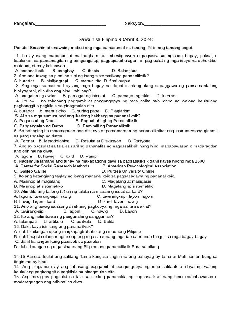 Activity Sheet Sa Filipino 9 | PDF