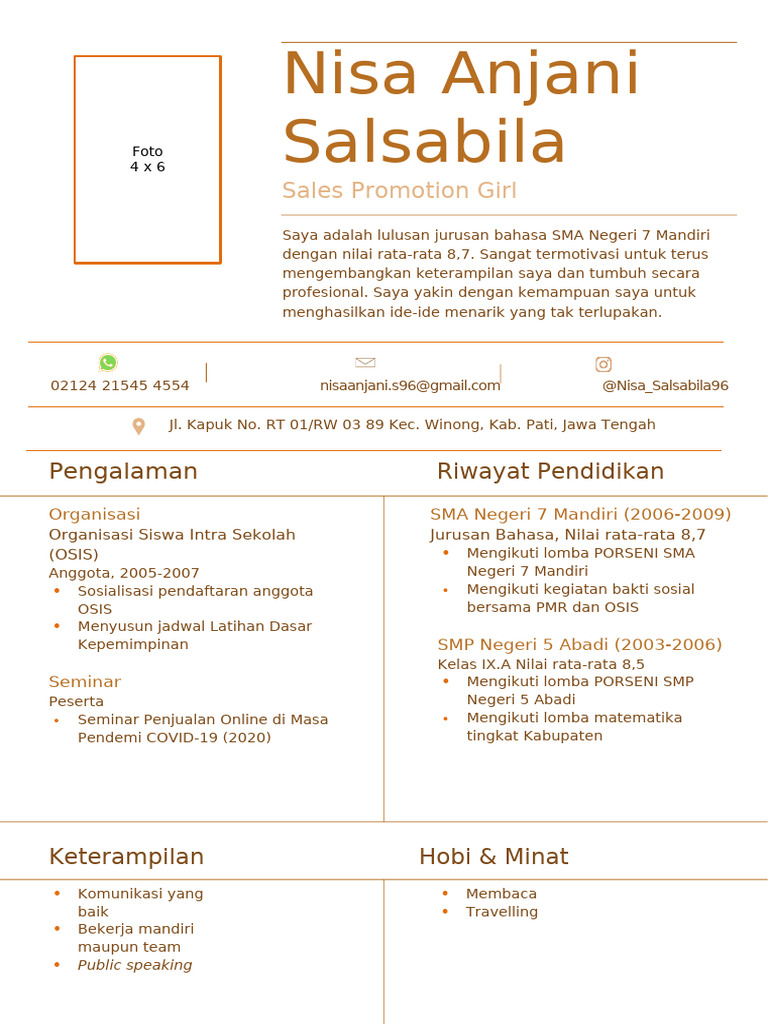 Contoh CV Sales Promotion Girl Nisa | PDF | Karier & Perkembangan