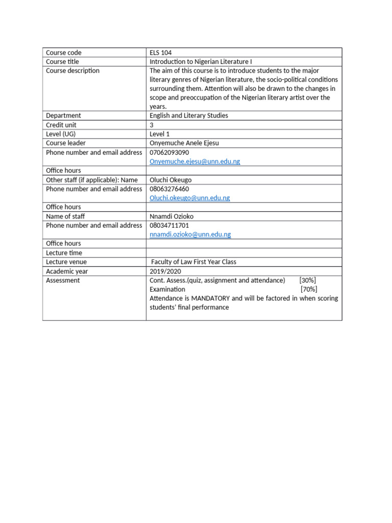 ELS 104 - Nigerian Literature Course Outline-1 | PDF | African Literature | Nigeria