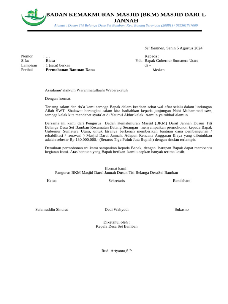 Permohonan Dana Renovasi Masjid | PDF