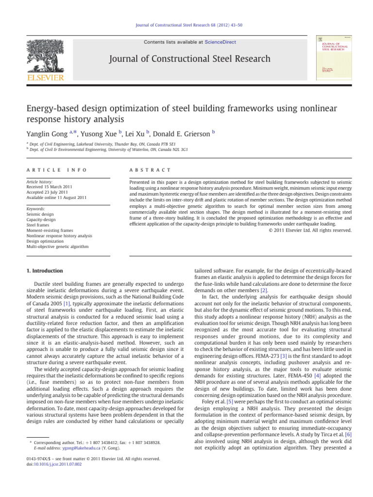 Journal of Constructional Steel Research: Yanglin Gong, Yusong Xue, Lei Xu, Donald E. Grierson ...