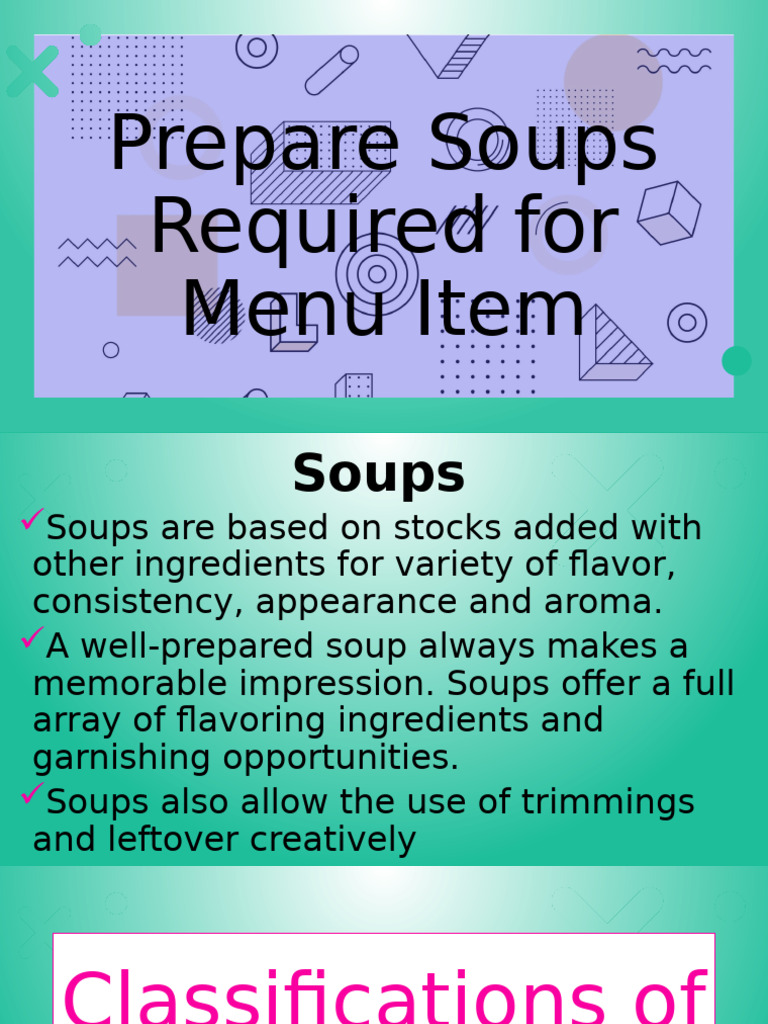 Prepare Soups Required For Menu Item | PDF | Soup | Stock (Food)