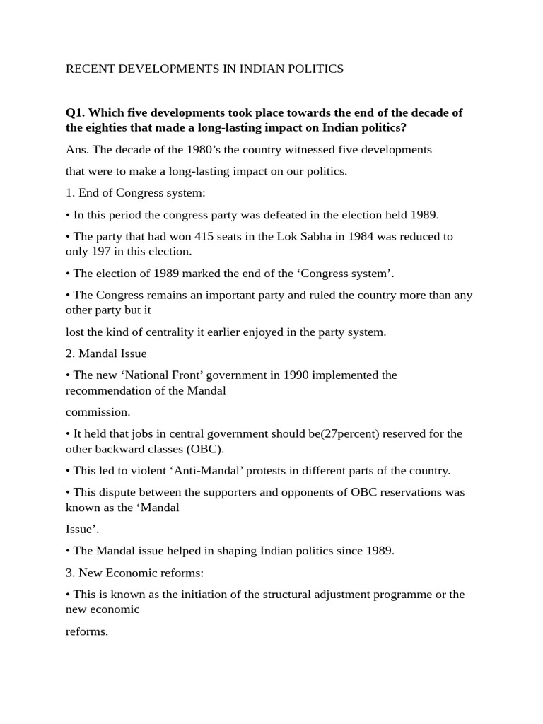 Recent Developments in Indian Politics | PDF | Bharatiya Janata Party ...
