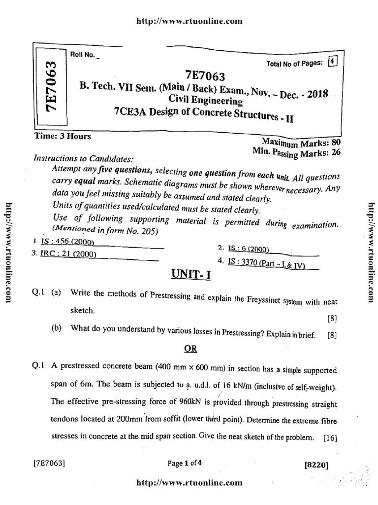Btech Ce 7 Sem Design of Concrete Structures 2 7e7063 Dec 2018 | PDF
