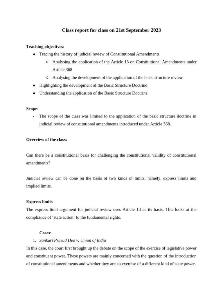 Class Report For Class On 21st September 2023 | PDF | Legal Documents ...