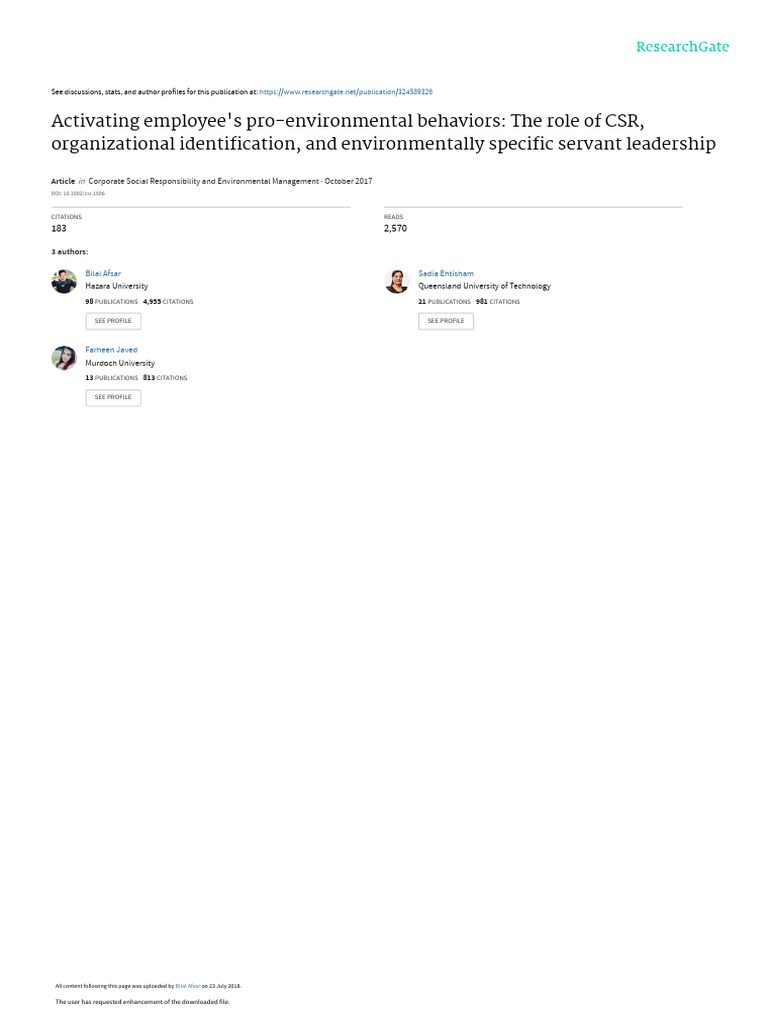 Afsar, B., Cheema, S., & Javed, F. (2018) . | PDF | Corporate Social ...