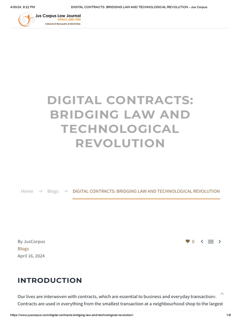 Digital Contracts - Bridging Law and Technological Revolution - Jus Corpus | PDF | Justice ...