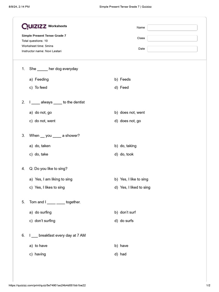 Simple Present Tense Grade 7 - Quizizz | PDF