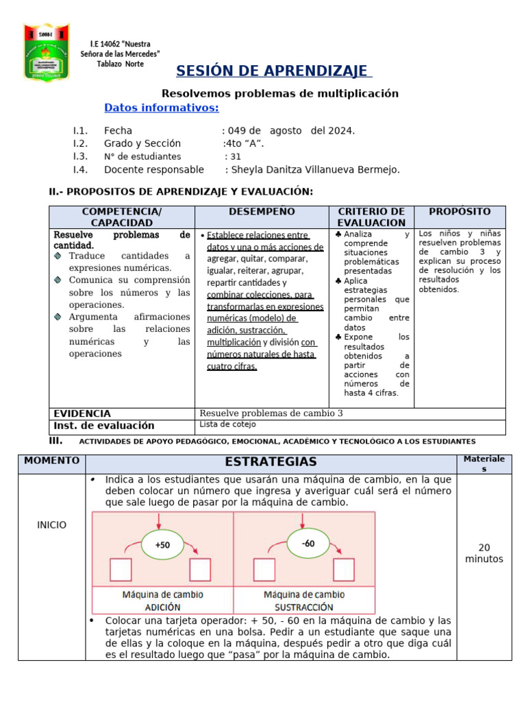 Sesión de Aprendizaje Problemas de Multiplicacion | PDF | Evaluación ... Sesión de Aprendizaje Problemas de Multiplicacion | PDF | Evaluación ...
