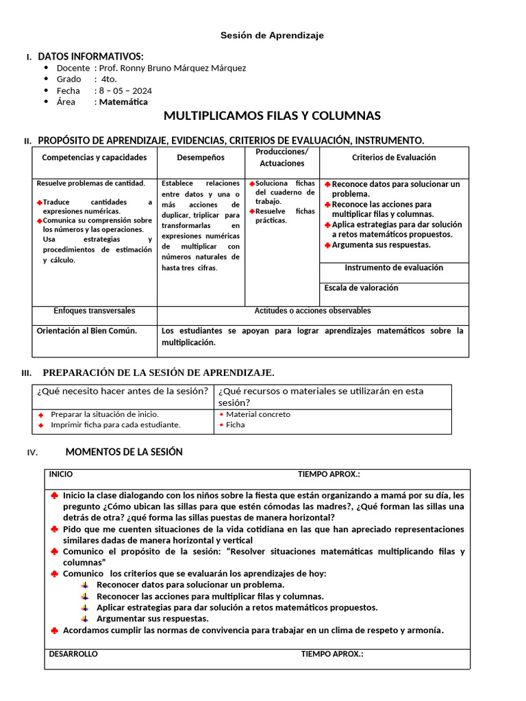 Sesion de Aprendizaje Multi Plica, Os Filas y Pcolumnas | PDF | Aprendizaje | Evaluación