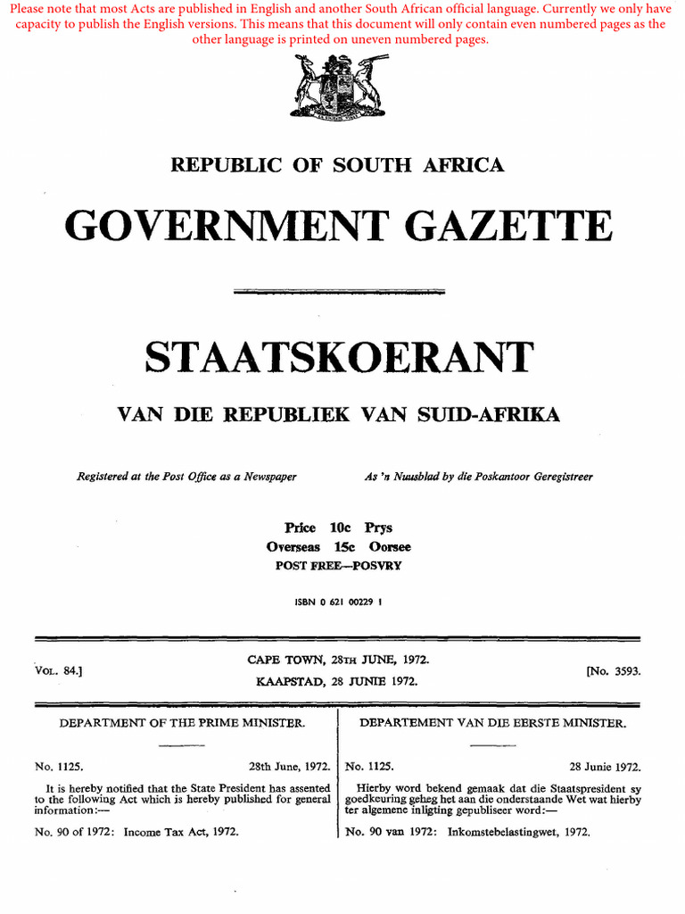 Income Tax Act 90 of 1972 | PDF | Income Tax | Taxes