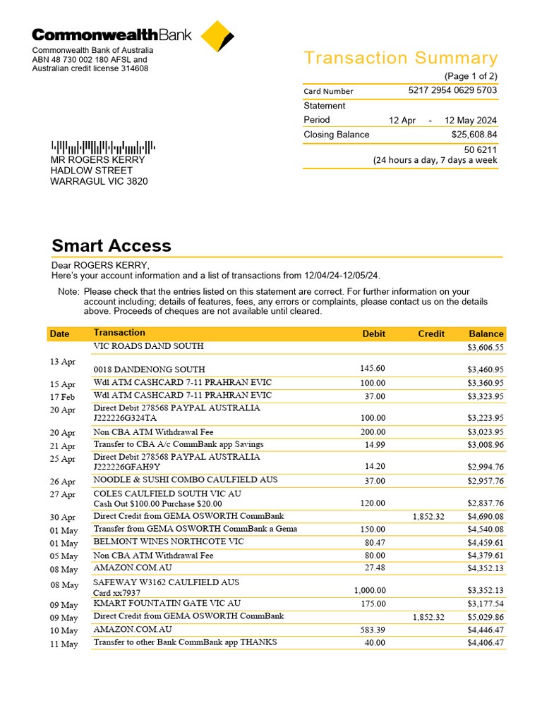Commonwealth Bank Statement BankStatements Net 1 | PDF | Debit Card ...