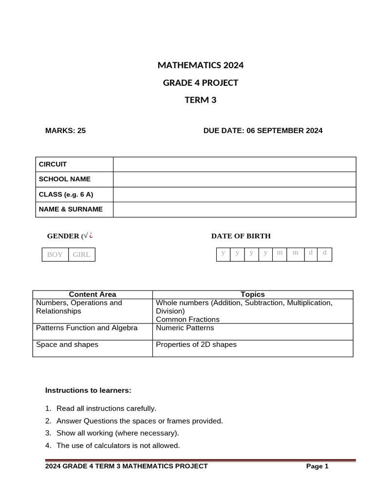 Grade 4 Mathematics Project Term 3 2024 - 051352 | PDF | Mathematics