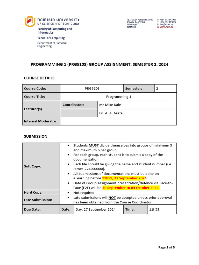 Programming 1 (Prg510S) Group Assignment, Semester 2, 2024: Course ...