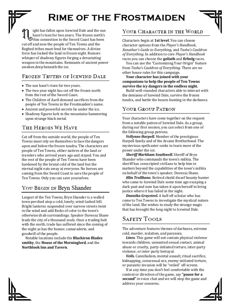 Frostmaiden One Page Campaign Guide | PDF