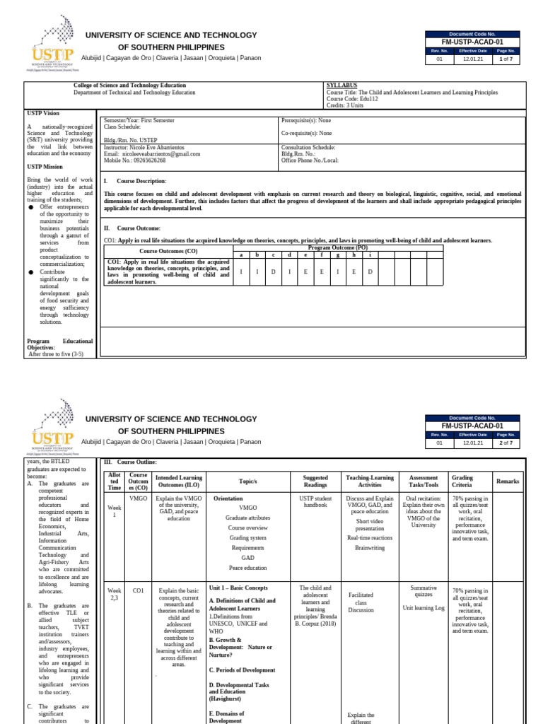 Child and Adolescent Learning Principles Syllabus | PDF | Learning ...