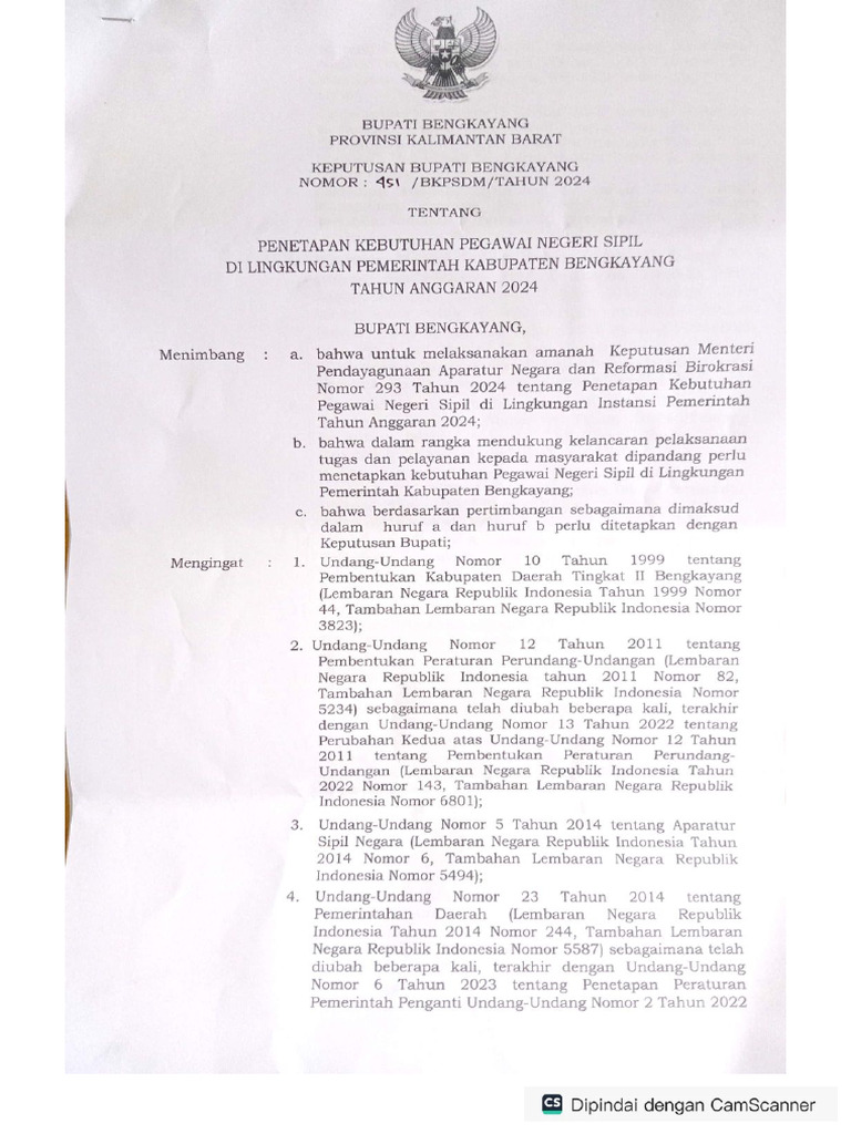 Penetapan Kebutuhan Pns Di Lingkungan Kab - Bky Ta.2024-1 | PDF