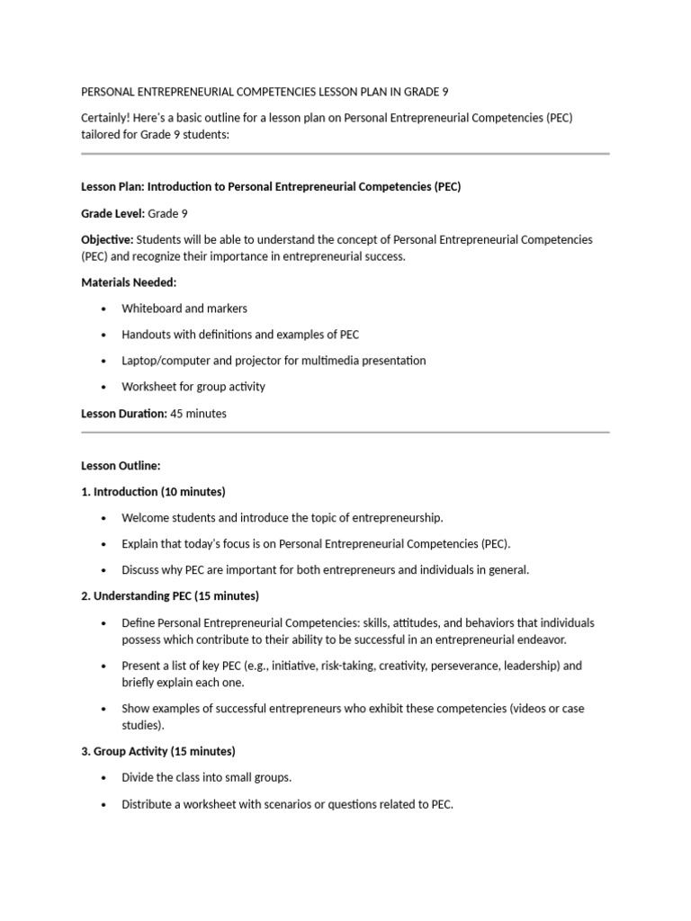 Grade 9 PEC Lesson Plan Overview | PDF | Entrepreneurship | Lesson Plan