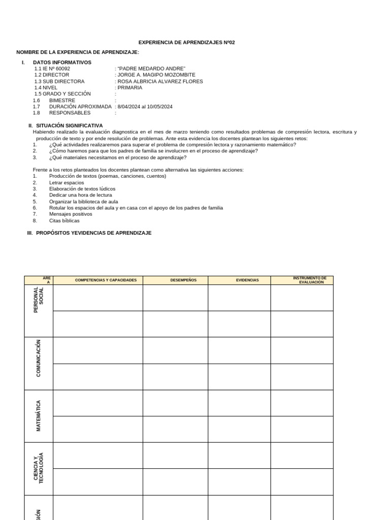 Experiencia De Aprendizajes Nº02 Pdf Evaluación Aprendizaje