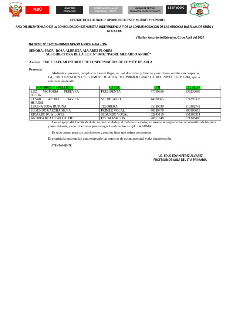 Informe de Comite de Aula Epa | PDF | América del Sur
