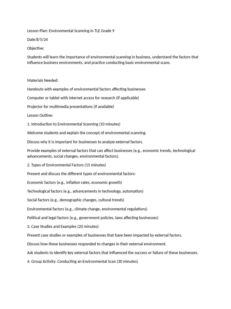 Lesson Plan in Environmental Scanning | PDF | Lesson Plan | Cognition