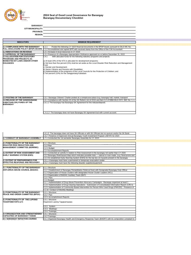 2024 Checklist Sglgb Form (2) | PDF | Disaster Risk Reduction | Risk