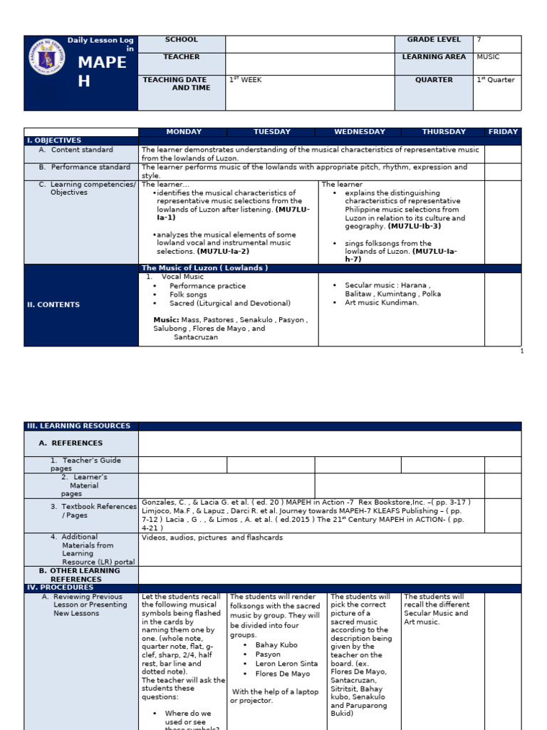 Mape H: School Grade Level Teacher Learning Area Teaching Date and Time Quarter | PDF | Learning ...