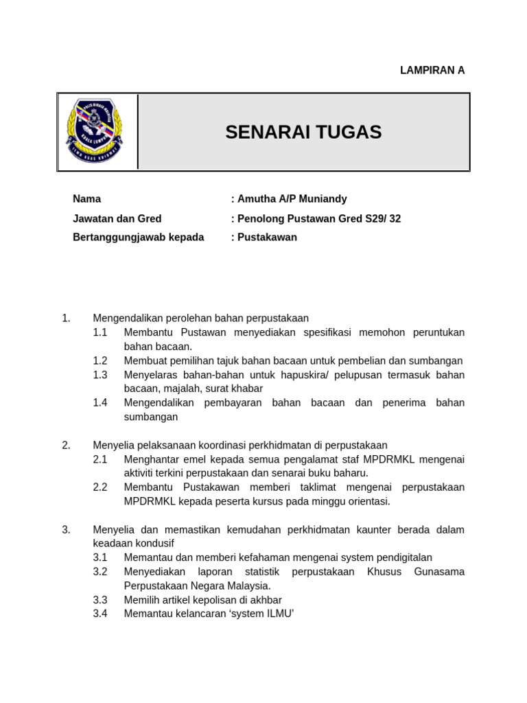 SENARAI TUGAS Penolong Pegawai | PDF