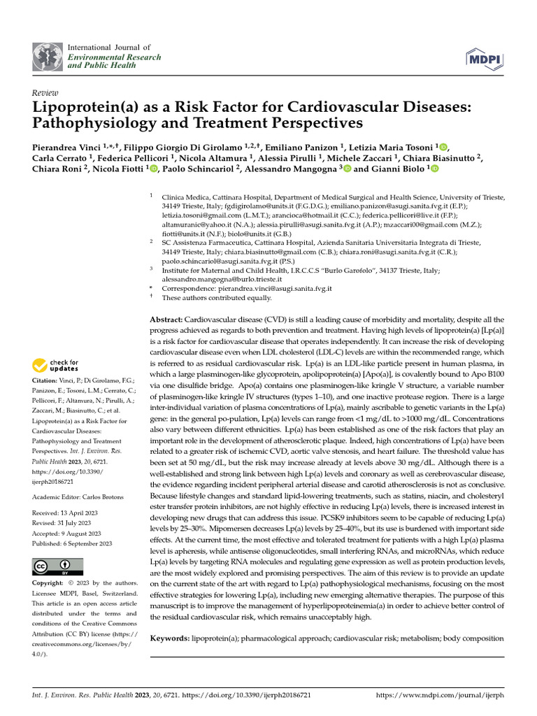 Lipoprotein (A) As A Risk Factor For Cardiovascular Diseases: Pathophysiology and Treatment ...