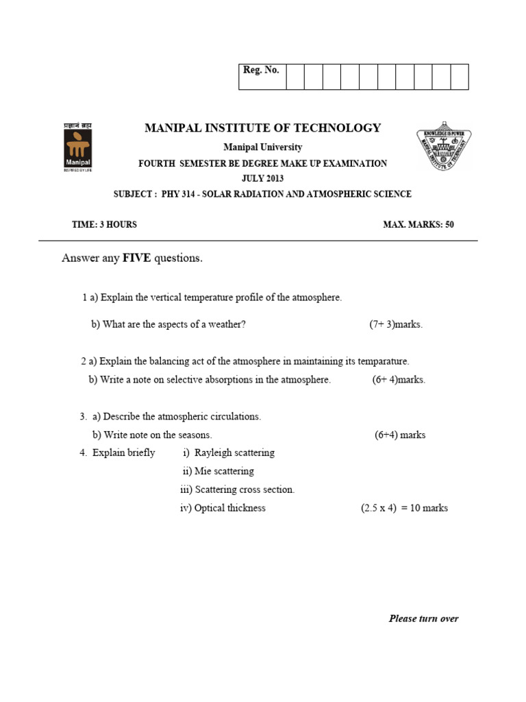 Solar Radiation & Atmospheric Science (PHY 314) (Makeup) | PDF