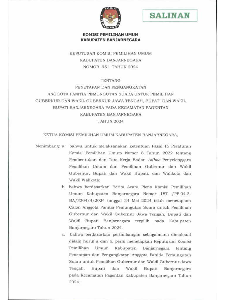 SK Kpu No.951 TTG Pengangkatan PPS Kec. Pagentan 2 | PDF