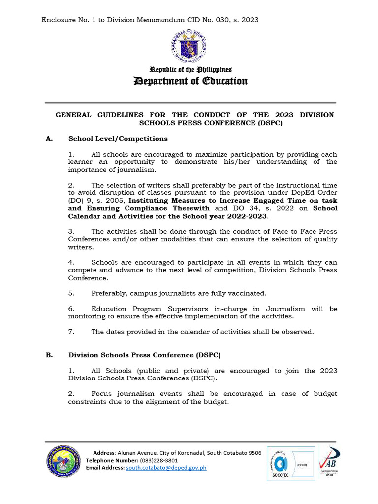 Enclosure No. 1 To DM Cid No. 030 S. 2023 General Guidelines For The ...