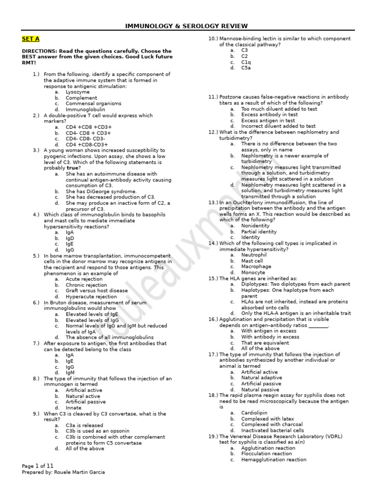 IMMUNOSERO Review MCQs (Sets A, B, C) | PDF | Antibody | Complement System