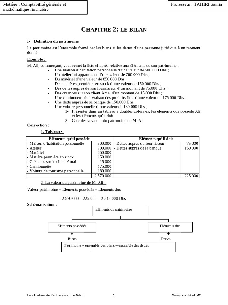 Bilan et patrimoine de M. Ali en comptabilité | PDF | Bilan comptable ...