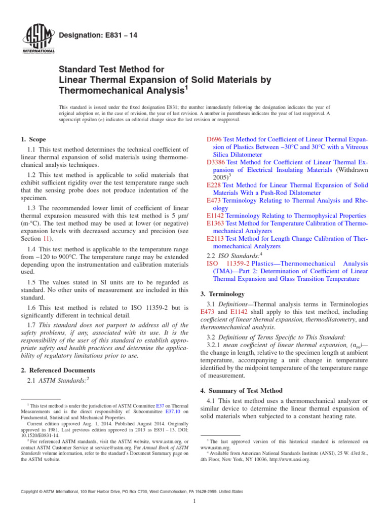ASTM E831 14 - Standard Test Method For | PDF | Thermal Expansion ...