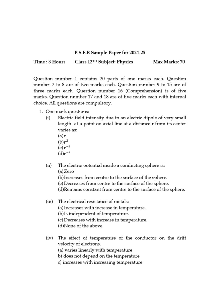12th Physics Modal Question Paper 2024-25 | PDF | Earth's Magnetic ...