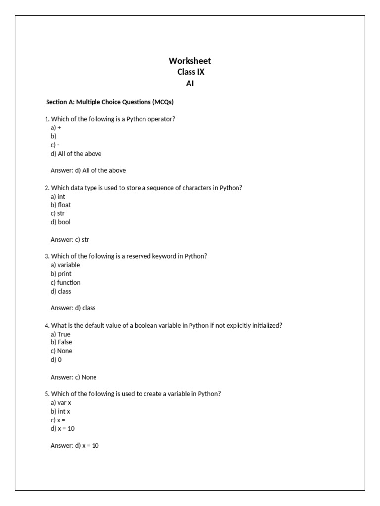 Worksheet For Class IX AI | PDF | Boolean Data Type | Data Type