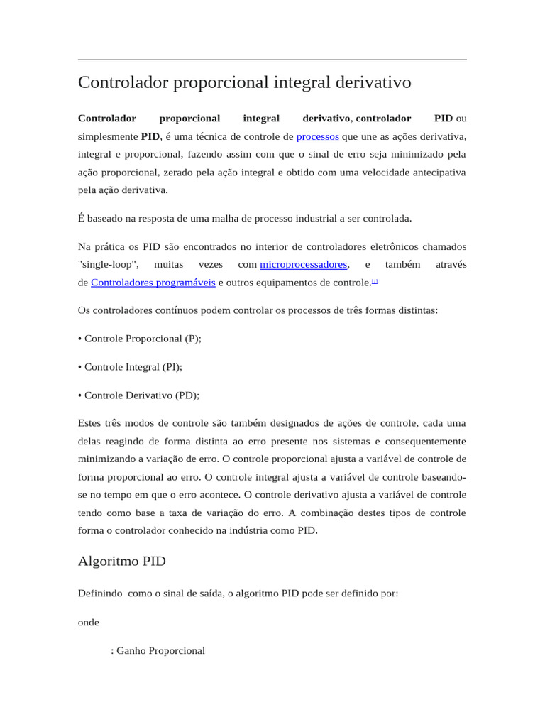 Controlador Proporcional Integral Derivativo, Controlador PID Ou | PDF ...