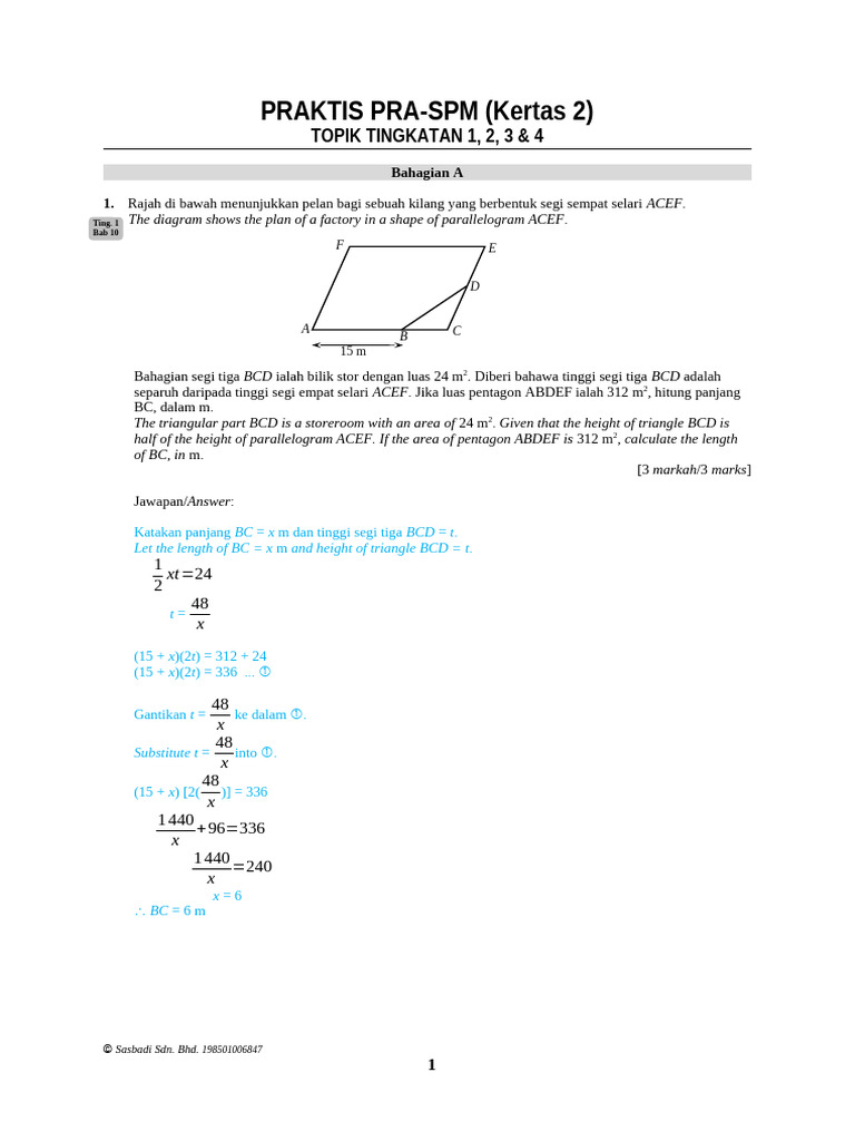 4 Penyelesaian Lengkap Praktis Pra SPM Kertas 2 Topik Ting 1 4 | PDF