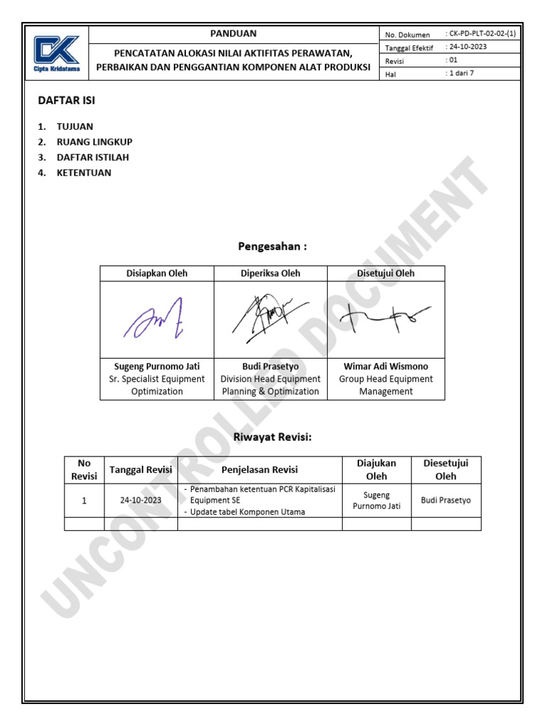 CK-PD-PLT-02-02 - (1) Pencatatan Alokasi Nilai Aktifitas Perawatan Perbaikan Dan Penggantian ...