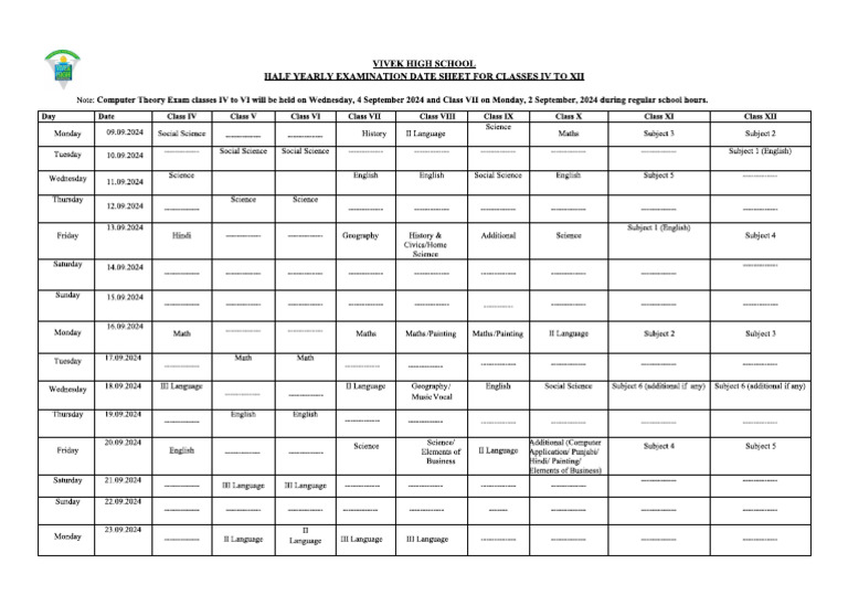 Date Sheet (Class 7) | PDF