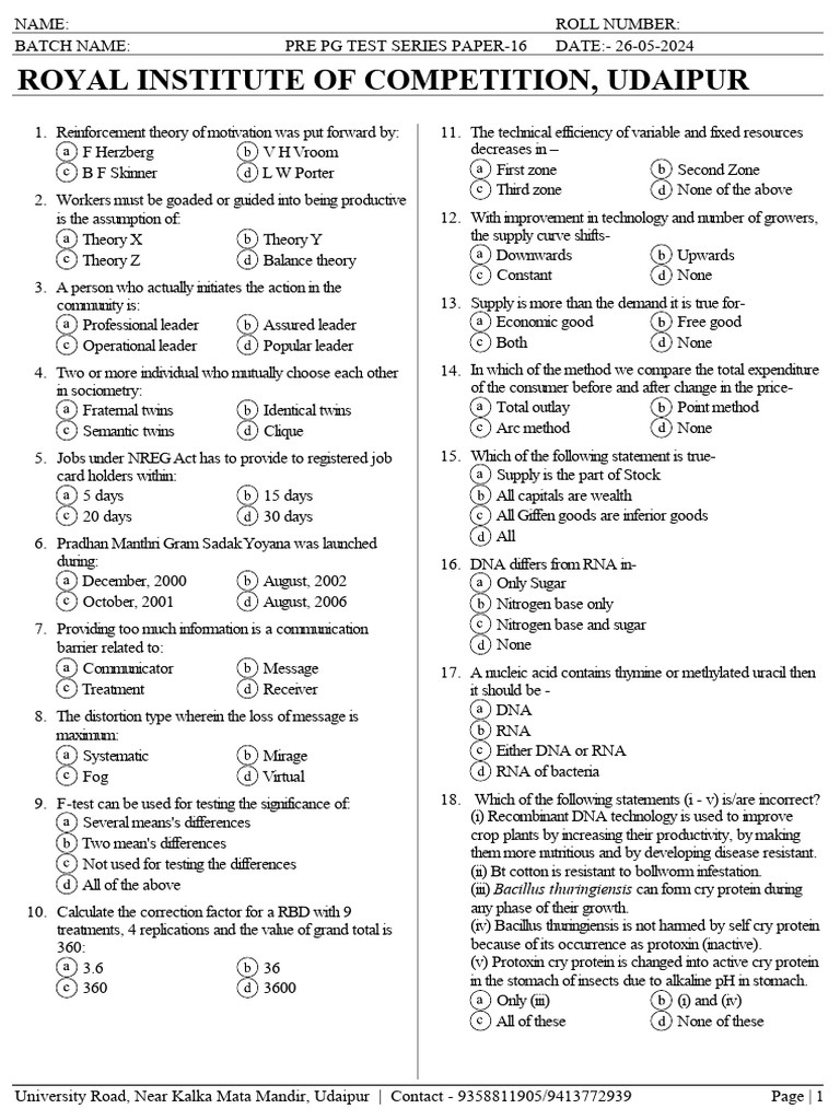 Pre PG Test Series Paper 26-05-2024 Unbold - 1379475 | PDF | Soil | Vitis