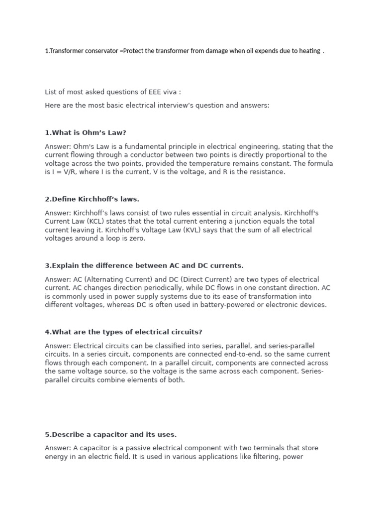 Top Collected Viva Questions For EEE | PDF | Electric Power ...
