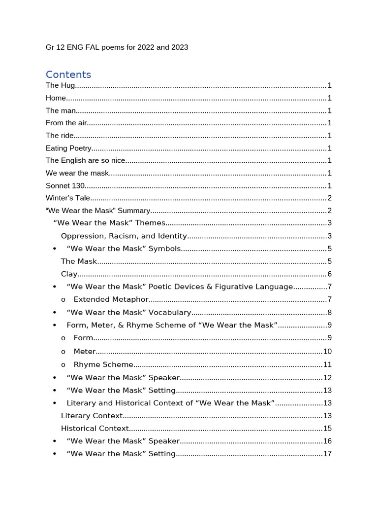 Content Summary of GR 12 Eng FAL Poems | PDF | Metre (Poetry) | Poetry