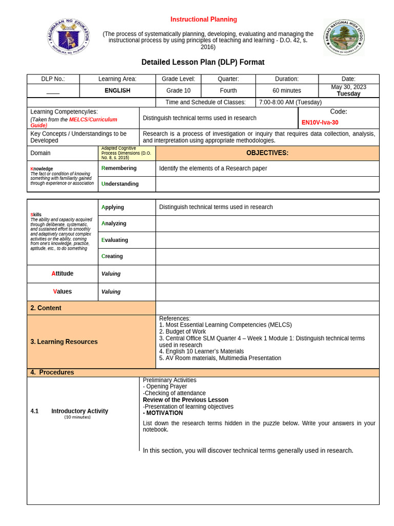 Detailed Lesson Plan (DLP) Format: Code | PDF | Learning | Validity (Statistics)