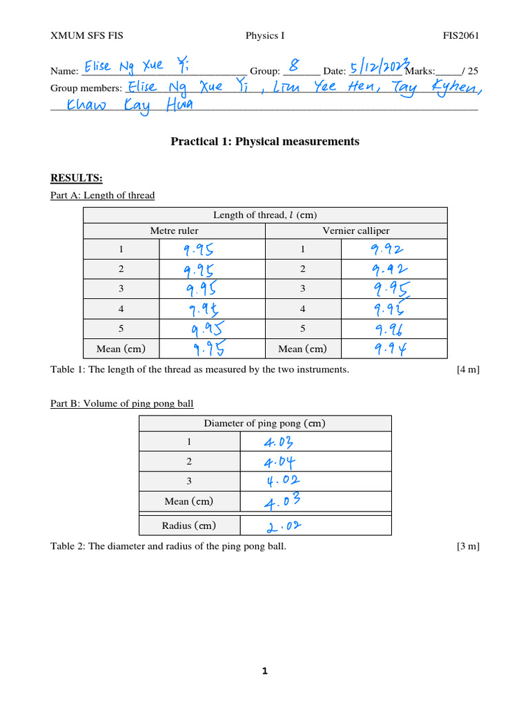 (REPORT SHEET) Practical 1 Physical Measurements | PDF | Area | Length
